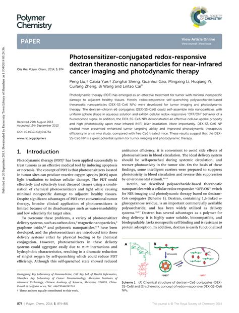 Pdf Photosensitizer Conjugated Redox Responsive Dextran Theranostic Nanoparticles For Near