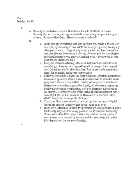 Unit 1 Basic Economic Concepts Problem Set 1 Unit 1 Problem Set A Scarcity Is Limited