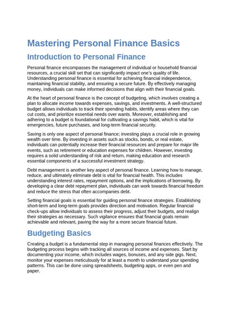 Mastering Personal Finance Basics Pdf Investing Debt