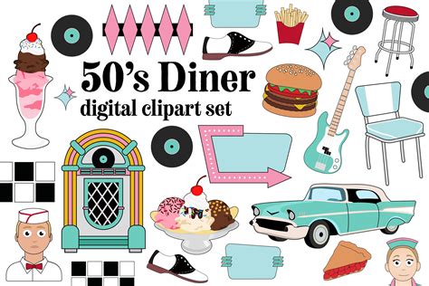 50s Diner Clipart Set Retro Restaurant Graphics Digital Download