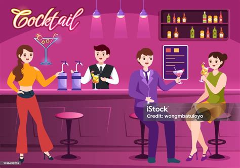 친구와 함께하는 칵테일 바 또는 나이트 클럽 알콜 과일 주스 음료 또는 평평한 손으로 그린 만화 템플릿 일러스트레이션에 칵테일 건강관리와 의술에 대한 스톡 벡터 아트 및