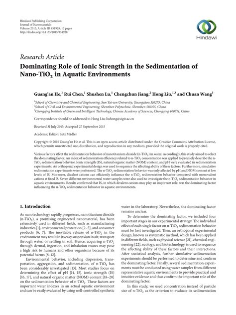 Pdf Dominating Role Of Ionic Strength In The Sedimentation Of Nano Tio 2 In Aquatic Environments