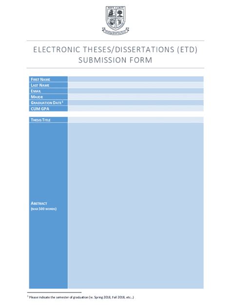 Fillable Online Electronic Thesis Dissertation Form Fax Email Print
