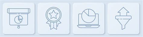 세트 라인 그래프 차트 다이어그램 인포그래픽 그래프 차트가 있는 노트북 별과 함께 하는 메달 화살표가 있는 판매 깔때기를 설정합니다 흰색 정사각형 버튼 벡터 개념에 대한