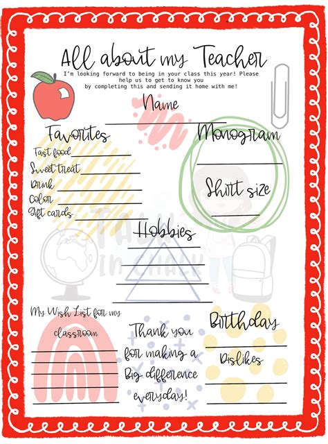 All About My Teacher Survey Back To School Teacher Questionnaire