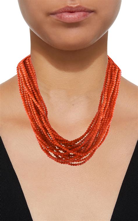 Natural Coral Multi Layer Bead Necklace 18 Karat Yellow Gold Clasp