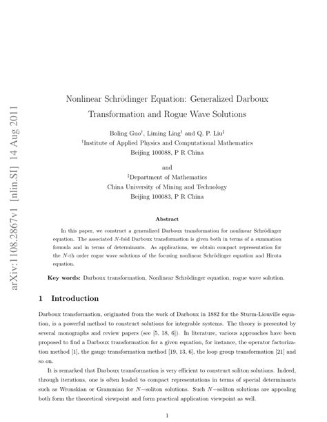 Pdf Nonlinear Schrodinger Equation Generalized Darboux Transformation And Rogue Wave Solutions
