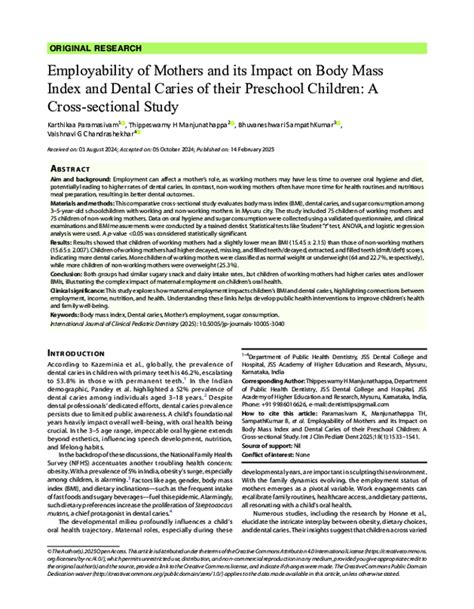 Pdf Employability Of Mothers And Its Impact On Body Mass Index And Dental Caries Of Their