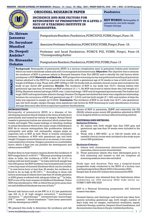 Pdf Incidence And Risk Factors For Retinopathy Of Prematurity In A Level 3 Nicu Of A Teaching