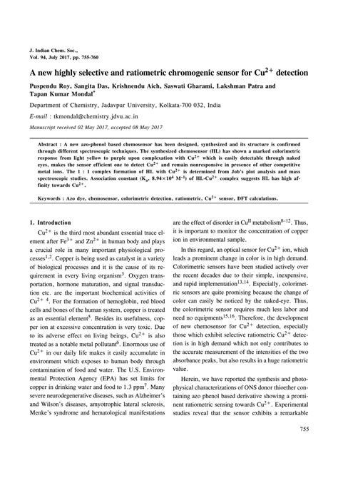 Pdf A New Highly Selective And Ratiometric Chromogenic Sensor For Cu