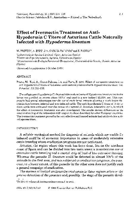 Pdf Effect Of Ivermectin Treatment On Anti Hypodermin C Titers Of Asturiana Cattle Naturally