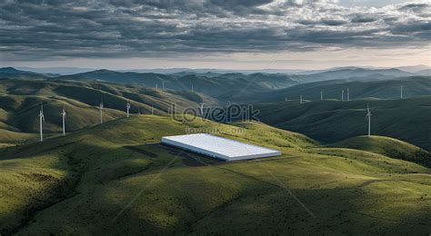 흰색 대형 시설과 풍력 터빈