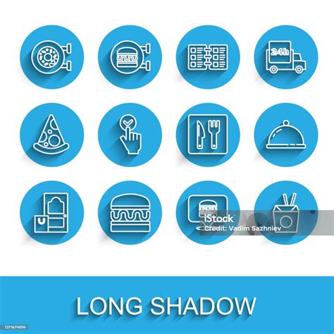 세트 라인 온라인 주문 및 배달 햄버거 도넛 햄버거 아시아 국수 젓가락 음식 트레이와 카페 레스토랑 위치 아이콘으로 덮여 벡터 0명에 대한 스톡 벡터 아트 및 기타 이미지