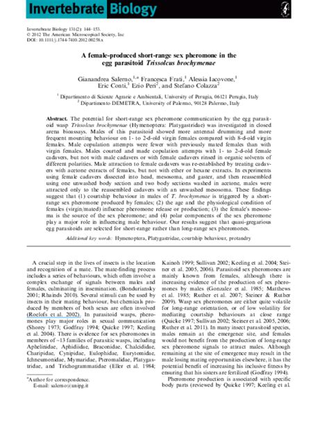 Pdf A Female Produced Short Range Sex Pheromone In The Egg Parasitoid Trissolcus Brochymenae