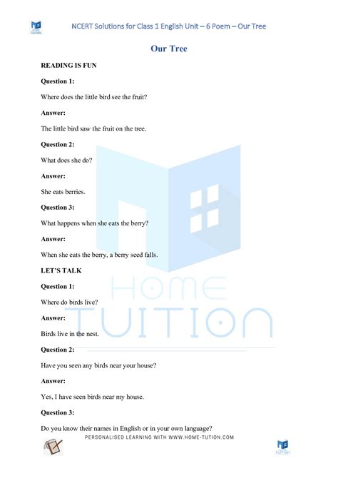 NCERT Solutions For Class 1 English Unit 6 Poem Our Tree Download PDF Home Tution
