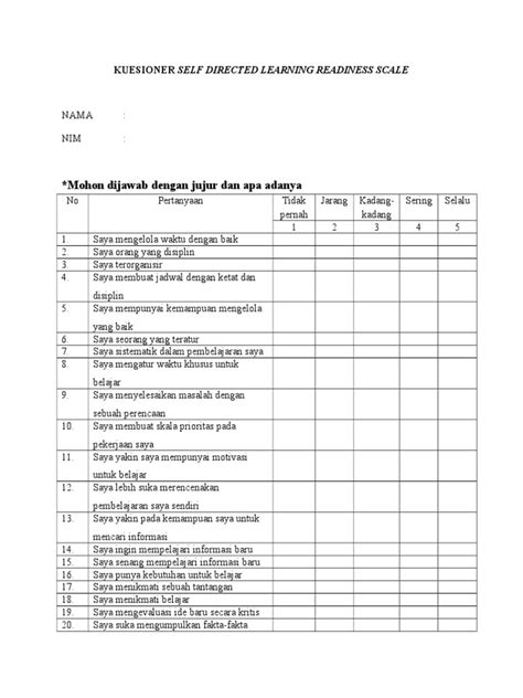 Kuesioner Self Directed Learning Readiness Scale Pdf