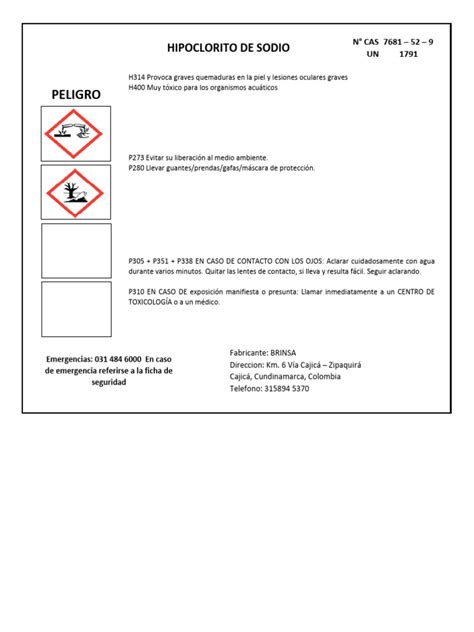 Etiqueta Sga Hipoclorito Pdf