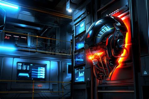 Cybernetic AI Head with Neon Lights in Futuristic Lab, Vibrant Colors, High Tech Digital ...