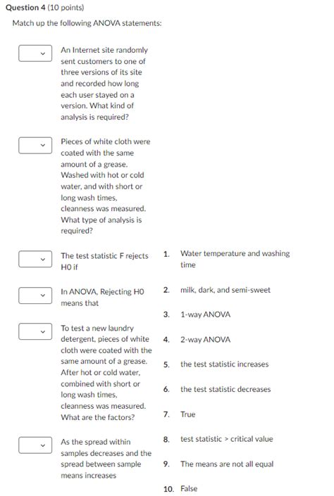 Solved Question 4 10 Points Match Up The Following ANOVA Chegg Com