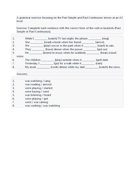 A Grammar Exercise Past Simple And Past Continuous A2 Level Pdf