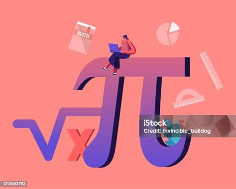수학 과학 및 대수 개념 거대한 기호 파이와 공식 루트 기호에 앉아 노트북작은 학생 여성 캐릭터 대학 및 고등학교 교육 만화