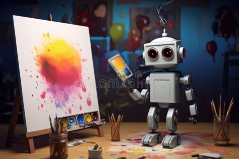 Generative AI Art Technology Concept Robot Painting Picture In Studio Comeliness Stock Image