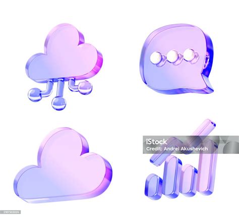 3d 유리 홀로그램 Ui 아이콘 앱 웹 디자인 렌더링 설정 무지개 빛깔의 크리스탈 인포그래픽 요소 말풍선 막대 차트 형태 그라데이션이 있는 Ai 클라우드 비즈니스 기술 3