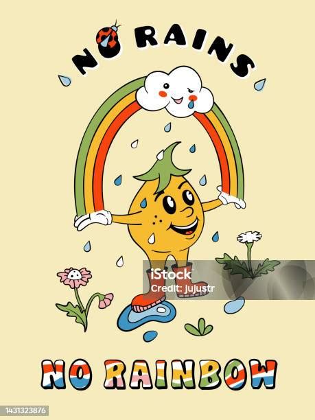 비 없음 무지개 없음 긍정적 인 인용문 행복한 양파 얼굴 만화 캐릭터는 손으로 무지개를 들고 웃는 구름 꽃 그루비 히피 레트로