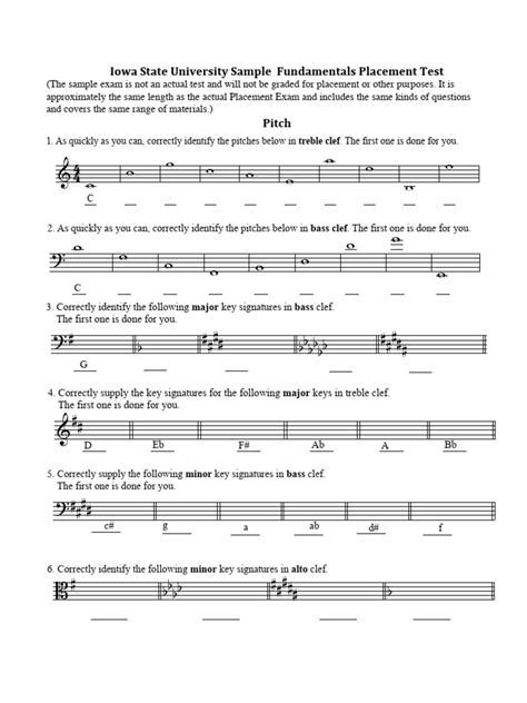 Sample Fundamentals Placement Test 1 Pdf Minor Scale Clef