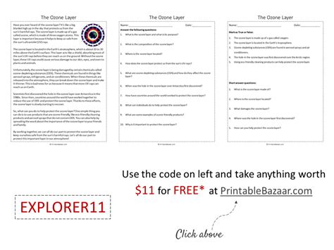 The Ozone Layer Reading Comprehension Passage Printable Worksheet Teaching Resources