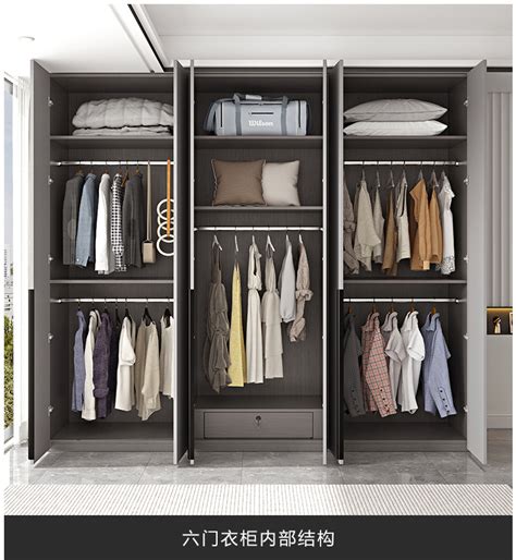 轻奢极简衣柜卧室家用灰色高级感成品衣柜组合挂衣区多平开门衣橱 阿里巴巴