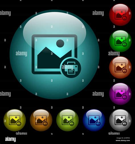 Print Image Icons In Color Illuminated Spherical Glass Buttons On Black Background Can Be Used