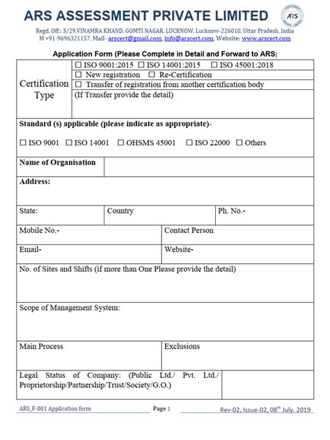 Ars F 001 Application Form Pdf Business