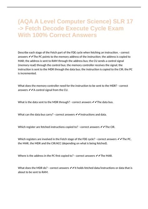 Aqa A Level Computer Science Slr 17 Fetch Decode Execute Cycle Exam