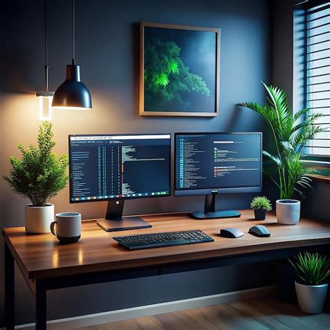 Modern Workspace Web Developer With Big Codding Monitor Premium Ai