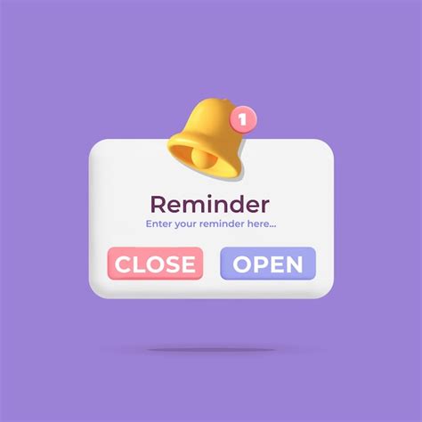 벨 기호 모형 디자인 일러스트레이션이 있는 3d 벡터 미리 알림 또는 경고 푸시 알림 창 프리미엄 벡터