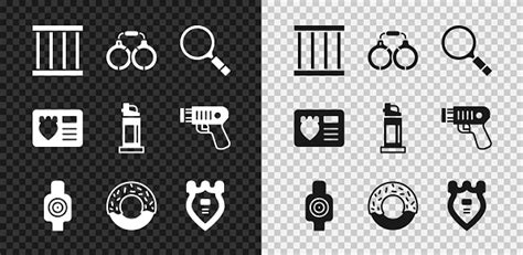 감옥 창 수갑 검색과 돋보기 촬영을위한 인간의 대상 스포츠 도넛 경찰 배지 Id 케이스와 후추 스프레이 아이콘을 설정합니다 벡터 검색에 대한 스톡 벡터 아트 및 기타 이미지