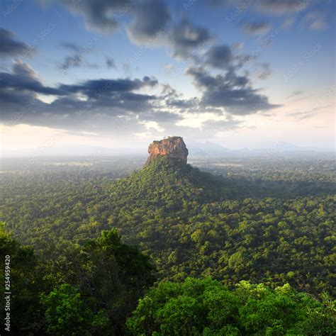 Panorama Sunrise View To Sigiriya Rock Lion Rock From Pidurangala Rock In Sri Lanka Stock
