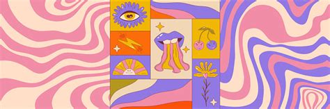 복고풍 그루비 요소가 있는 트리피 그래픽 포스터 세트 입술 눈 체리 웨이브가 있는 포스터 광장 트리피 그루비 70년대 그래픽