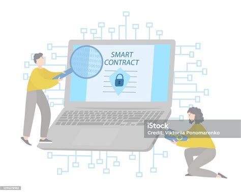 거대한 노트북을 가진 소녀와 남자는 스마트 계약에 서명합니다 블록 체인 기술 전자 문서 및 디지털 서명 개념 온라인 거래의 결론 벡터 플랫 일러스트레이션 노트북에 대한 스톡