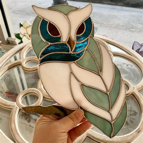 Handcrafted Stained Glass Owl Suncatcher In Aqua And White Diy