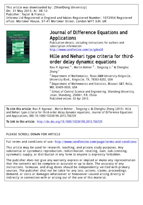 Pdf Hille And Nehari Type Criteria For Third Order Delay Dynamic