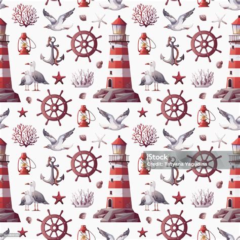 등대 배의 스티어링 휠 앵커 산호 갈매기 조개와 원활한 패턴 갈매기에 대한 스톡 벡터 아트 및 기타 이미지 갈매기 개체 그룹 닻 Istock