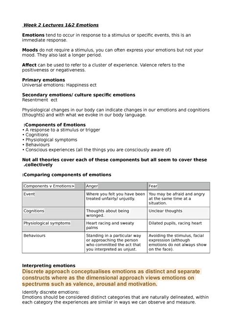 Week 2 Emotions Lecture Notes Week 2 Week 2 Lectures 1and2 Emotions