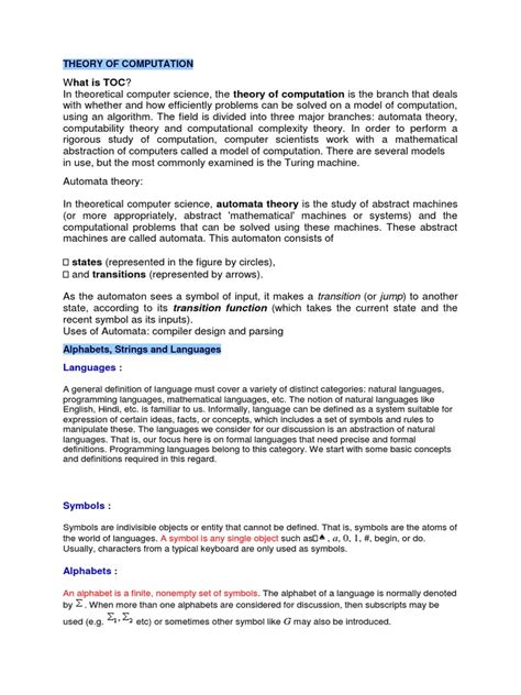 Toc Notes Pdf Automata Theory Theory Of Computation