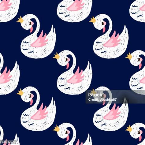 귀여운 작은 공주 백조와 완벽 한 패턴입니다 만화 손으로 그려 벡터 일러스트 레이 션 패션 인쇄 디자인 사용 될 수 있습니다