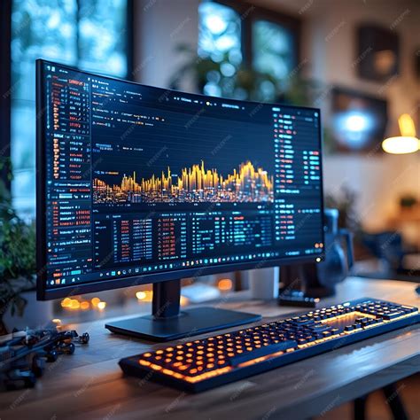 Curved Monitor Displaying Stock Market Data On A Desk Realistic Image Premium Ai Generated Image
