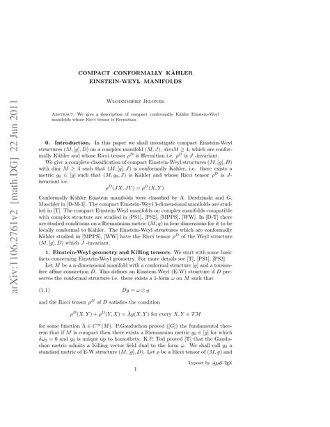 Pdf Compact Conformally Kahler Einstein Weyl Manifolds