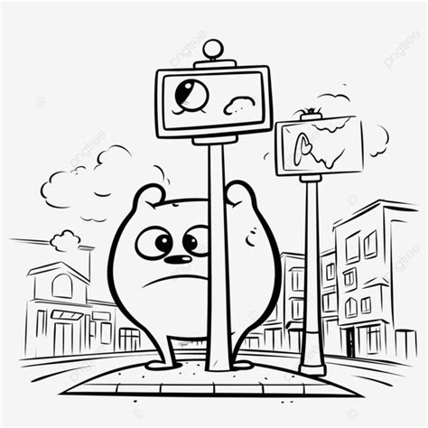 신호등 옆에 서있는 만화 곰 벡터 기본 간단한 귀여운 만화 거리 표지판 개요 흰색 배경에 고립 어린이 색칠 페이지 Png