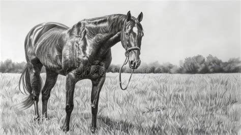 Elegant Charcoal Drawing Of A Horse In Dynamic Natural Pose Stock